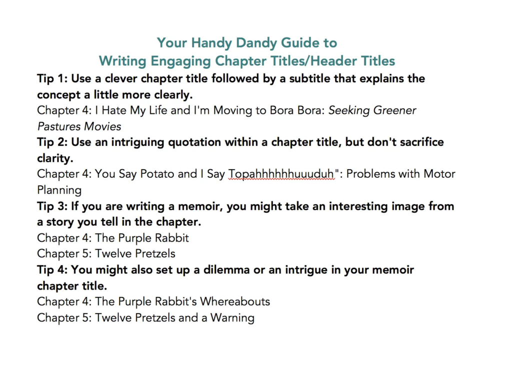 MAKE CHAPTER TITLES ENGAGING (HEADERS TOO) | Nancy Peske MAKE CHAPTER TITLES ENGAGING (HEADERS TOO) | Nancy Peske